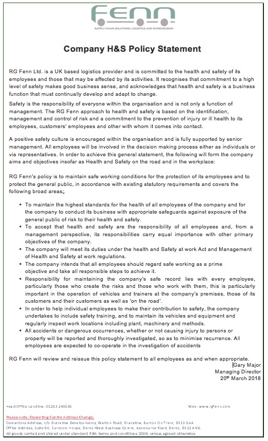 Fenn Logistics’ Policy Statements | RG Fenn